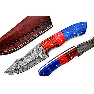 Smart & Sharp Custom Handmade Damascus Steel Hunting Knife/Skinning Knife AA-17301 (Red & Blue Wood)