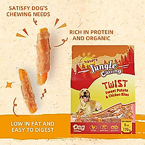 Jungle Calling Dog Treats, Skinless Chicken Wrapped Sweet Potato, Gluten and Grain Free, Chewy Dog Bites for Balanced Nutrition, 6 oz