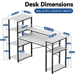 HYPIGO White Computer Desk with Printer Shelf, 63 Inch Industrial Office Desk with Storage Shelves, Writing Workstation with Bookshelf, Study Table for Home Office