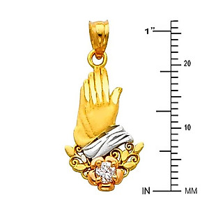 14k REAL Tri Color Gold Religious Praying Hands CZ Charm Pendant