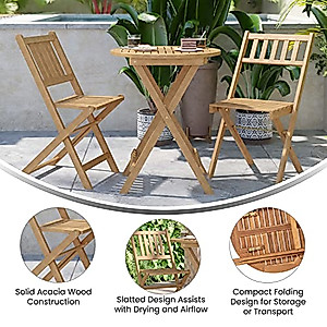 Flash Furniture Martindale 3 Piece Folding Patio Bistro Set - Natural Finish Acacia Wood - Indoor/Outdoor Round Table - 2 Chairs - Slatted Tabletop, Back and Seat