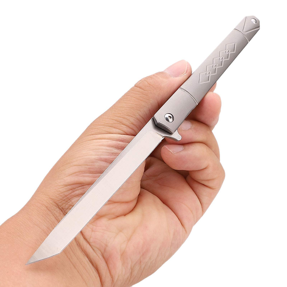 Samior GDT035 Small Slim Folding Pocket Flipper Knife, 3.5 inch Satin D2 Tanto Blade, Slender Grey Titanium Handle Frame Lock Pocket Clip, EDC Gentleman's Sleek Knives