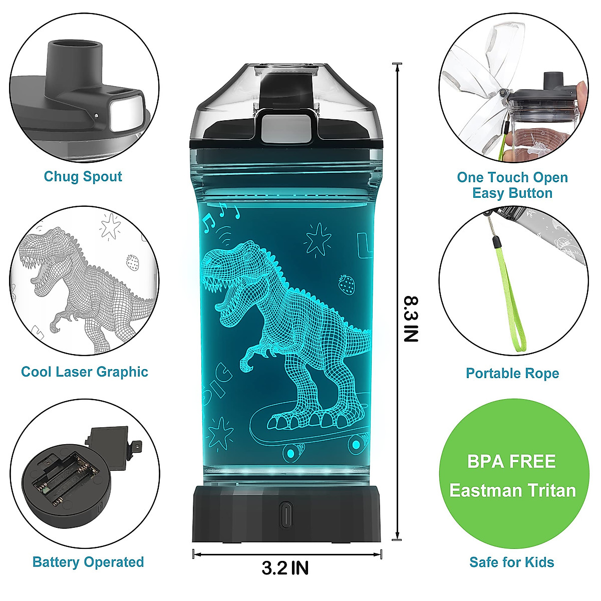 Lightzz Kids Watter Bottle，3D Dinosaur Cup with LED Illusion Light with 7 Color Changing Light - 14 0z BPA Free - Creative Travel Cup Dinosaur Gift for School Kid Boy Holiday