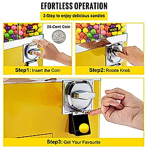 VEVOR Gumball Machine with Stand, Yellow Quarter Candy Dispenser, Rotatable Four Compartments Square Candy Vending Machine, PC & Iron Large Gumball Bank Adjustable Dispenser Wheels for 1" Gumballs