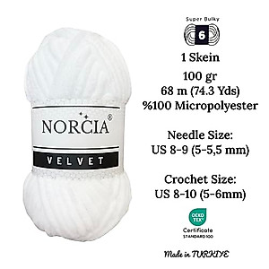 NORCIA, Soft Velvet Yarn Chenille Yarn for Crocheting Super Bulky 100g (74.3 yds) Baby Blanket Yarn for Knitting Amigurumi Yarn Fancy Yarn for Crochet Weaving Craft (White)