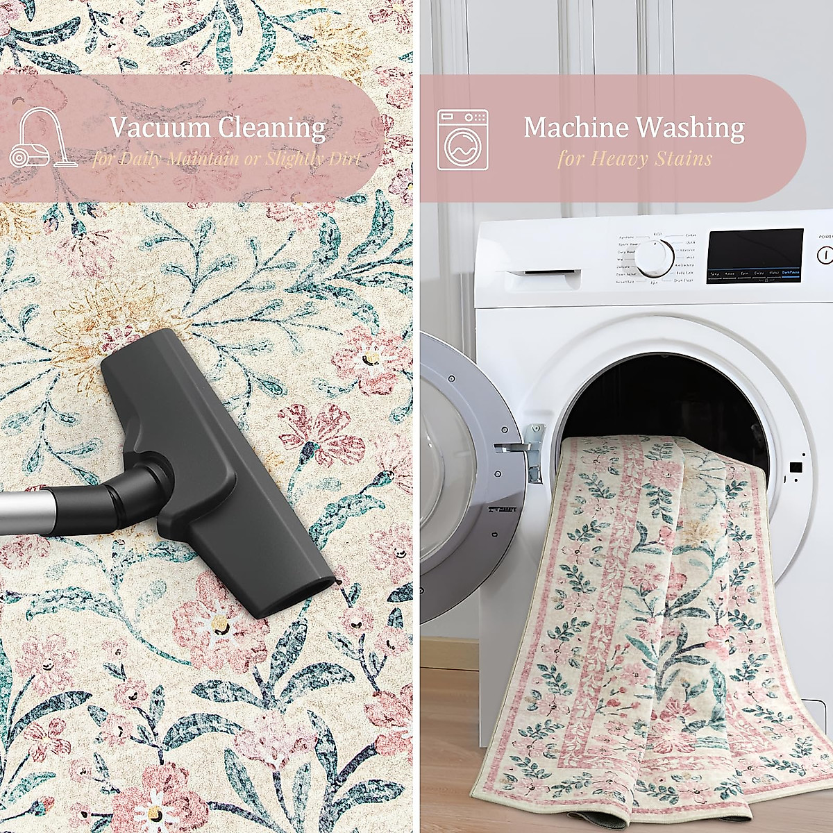 Morebes 5x7 Rug for Living Room Non Slip, Washable Light Pink Rugs for Bedroom Girls, Soft Low-Pile Boho Nursery Rug Indoor Floral Print Throw Carpet for Bedside,Pink&Green/Multi