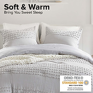 Comfort Spaces Cotton Comforter Set Jacquard Pom-Pom Tufts Design, Down Alternative, All Season Modern Bedding, Matching Shams, Full/Queen, Phillips, Grey, 3 Piece