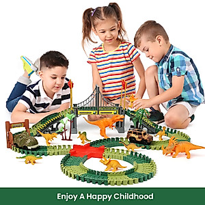 Dinosaur Track Toys with 227PCS Flexible Track, 1 Dinosaur Car, 1 Race Car, 8 Dinosaurs for 3 4 5 6+ Year Old Boys Girls Best Gift, Create A Unique Dinosaur World Road Race