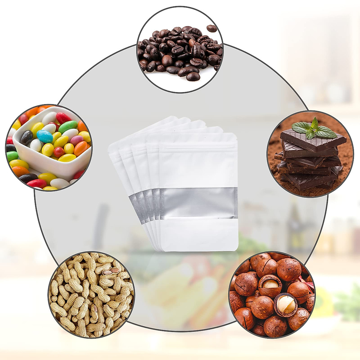 TOCKONIMN Stand-up Pouch Smell-Proof Edible Bag Packaging for Food-Storage 100 Pack Resealable Containers for Candy Products Heat Sealable Ziplock Bags with Clear Window (3.9"x5.9", white)