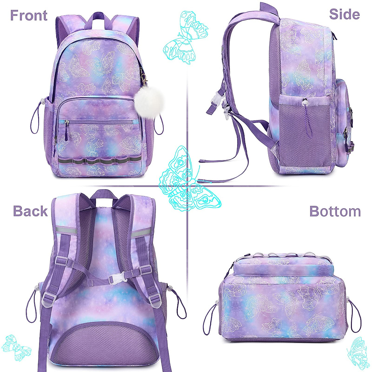 CAMTOP Backpack for Girls Luminous Water Resistant Lightweight School BookBag Casual Daypack for School Travel Hiking (Purple Butterfly)