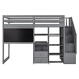 Harper & Bright Designs Twin Loft Bed with Stairs, Solid Wood Loft Bed with Pullable Desk and Storage Shelves and Blackboard, for Bedroom, Dorm, Boys, Girls, Adults (Twin Size, Gray)