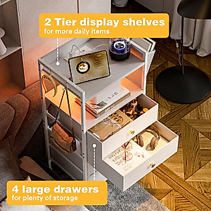 GipGiper White Nightstand with Charging Station, LED Nightstand with 4 Fabric Storage Drawers, Small Dresser for Bedroom, Entryway, Hallway, College Dorm Furniture Tall Nightstand Bedside End Table