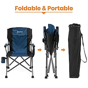 XGEAR Camping Chair with Padded Hard Armrest, Sturdy Folding Camp Chair with Cup Holder, Storage Pockets Carry Bag Included, Support to 400 lbs(Blue)