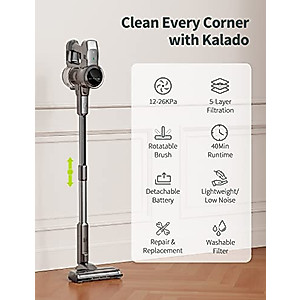 kalado Cordless Vacuum Cleaner, 26Kpa Stick Vacuum with 40Min Detachable Battery, 250W Brushless Motor, LED Display, 6 in 1 Lightweight Upright Vacuum for Pet Hair Carpet Car Floor（2 Years Warranty）