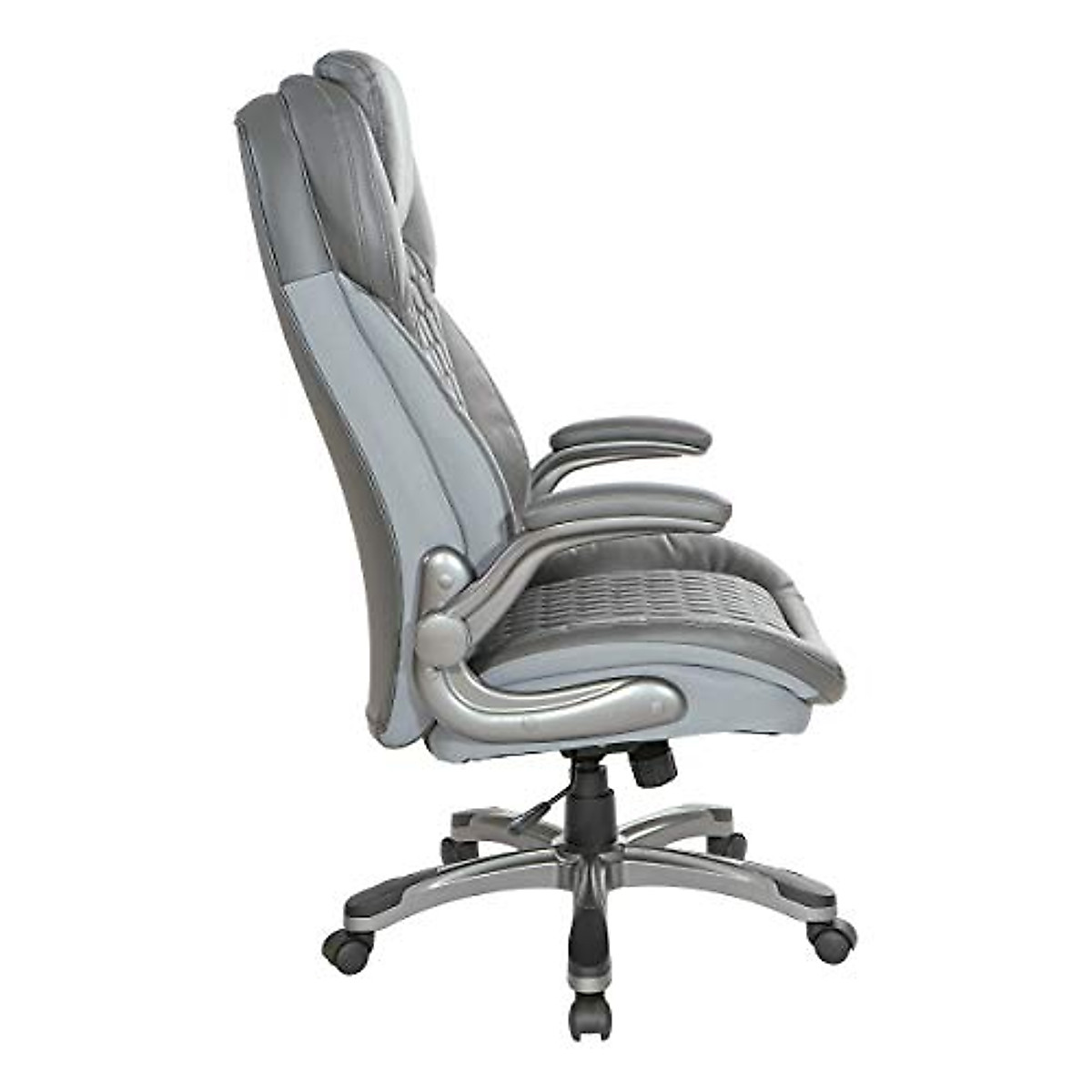 Office Star ECH Series Deluxe Executive High Back Bonded Leather Chair with Adjustable Seat and Padded Flip Arms, Grey with Titanium Nylon Base