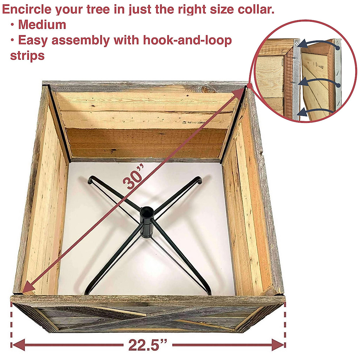 BarnwoodUSA Christmas Tree Collar or Box Made of Reclaimed Wood Rustic Skirt Replacement Blocks Kids & Pets, Adds Farmhouse Charm Natural, Hook-&-Loop Strip Panels, 30x22.5 in., Whitewash