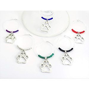 Paw Print Wine Charms, Cat Paw, Dog Paw, Gift for Animal Lover, Set of 6. SOLID MULTI COLOR BEADS.