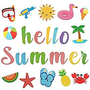 46 Pcs Hello Summer Cutouts Summer Bulletin Board Set Hawaii Ice Cream Watermelon Palm Tree DIY Paper Cutouts Wall Decals Beach Party Decorations for Classroom Kindergarten Party Supplies