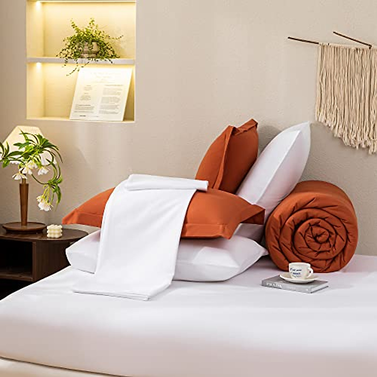 JANZAA Queen Comforter Set 7 Piece Bed in a Bag Queen Comforter Set with White Sheets Terracotta Bedding Sets Soft Pillow Cases and Shams, Fitted Sheet, Flat Sheet for All Season