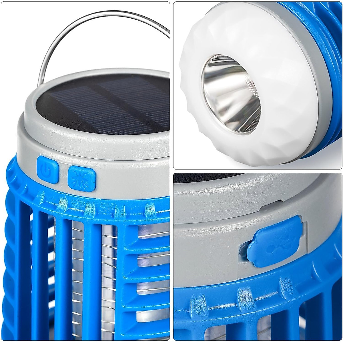 Solar Bug Zapper Outdoor Waterproof Mosquito Zapper for Patio Home Camping, 3 in 1 Cordless Mosquito Light Killer Portable Small Bug Zapper - Camping Light, Mosquito Killer, Flashlight - Blue, 2 PCS