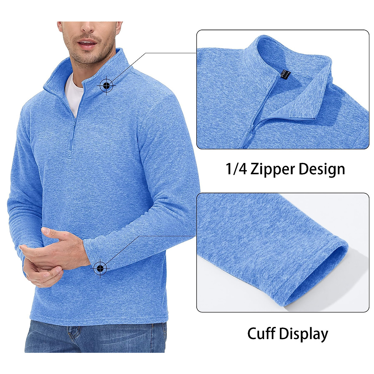 MAGCOMSEN Men's Quarter Zip Pullover Long Sleeve Athletic Shirt Gym Running Performance Tops Pullover Thermal Workout Sweatshirts Light Blue