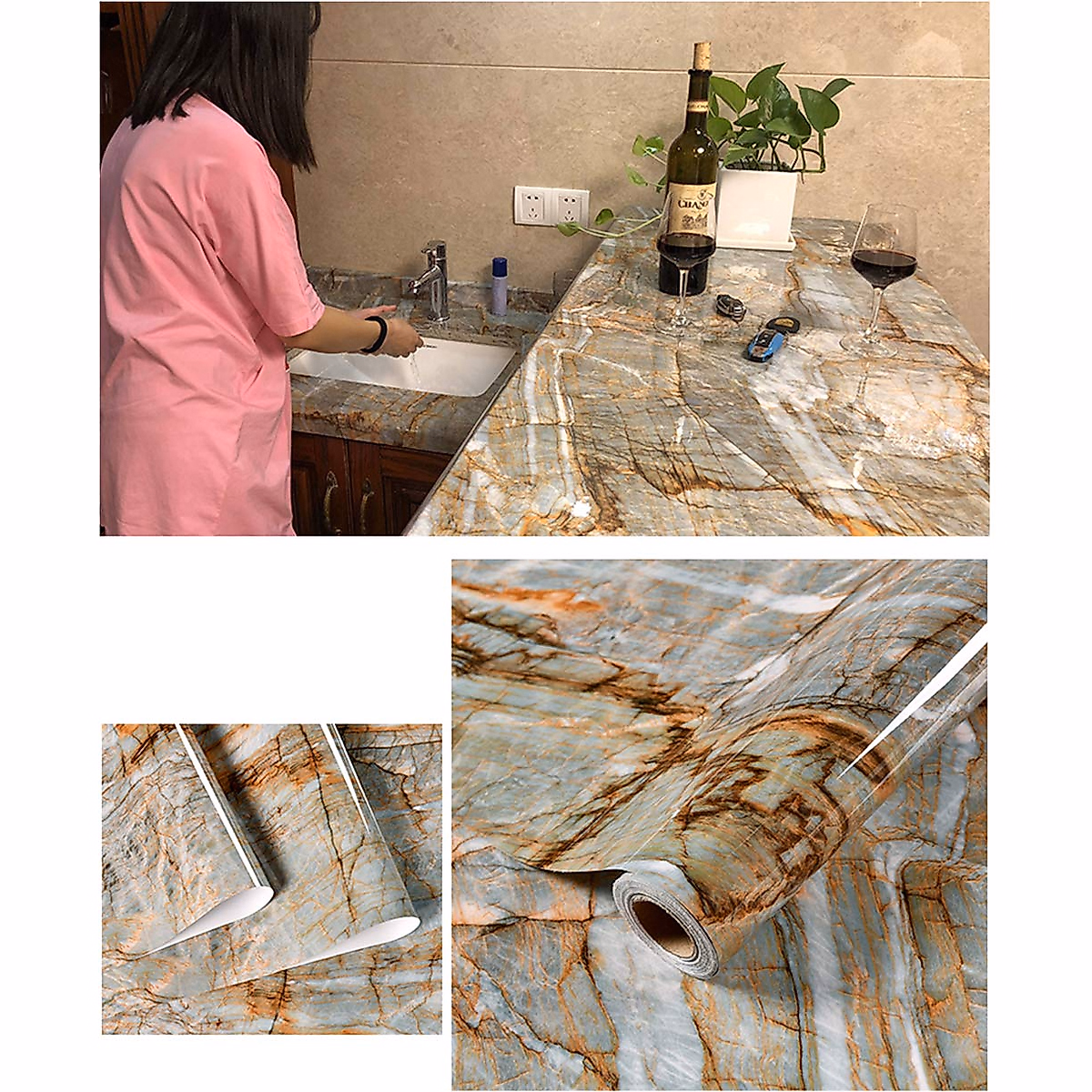 Faux Glossy Marble Countertop Self Adhesive Vinyl Film Peel and Stick Granite Shelf Liner Wallpaper for Kitchen Bathroom Countertop Cabinets Walls Table Furniture Sticker 24 x117 Inches