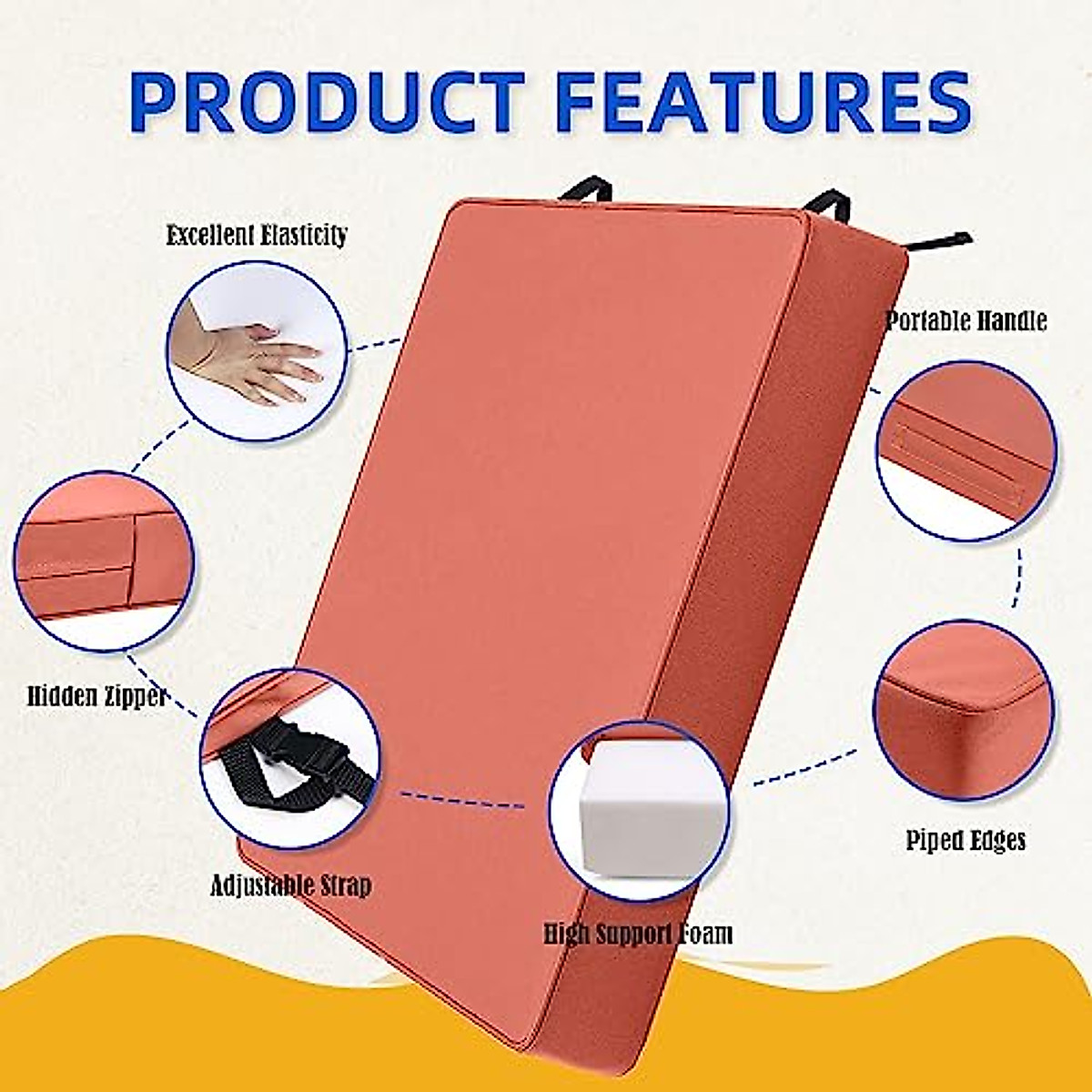 SECLATO Patio Chair Cushion 20x20 Inch Waterproof Outdoor Seat Cushions for Patio Furniture 5-Year Color Fastness Garden Sofa Couch Chair Pads with Handle and Adjustable Straps, 2 Pack, Spice