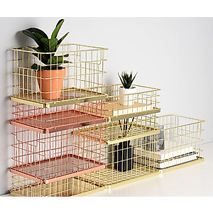 Set of 2 Stackable 10" Metal Wire Storage Basket Bins With Handles (Gold Woven Mesh Base)