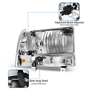 DWVO Headlights Assembly Compatible with 1999-2004 Ford F-250 F-350 F-450 F-550 Super Duty/2000-2004 Ford Excursion Pickup Truck Signal Lamps Chrome Housing Clear Lens Amber Reflector