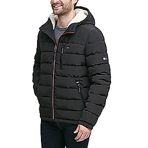 Tommy Hilfiger Men's Midweight Sherpa Lined Hooded Water Resistant Puffer Jacket, Black Tech, Small