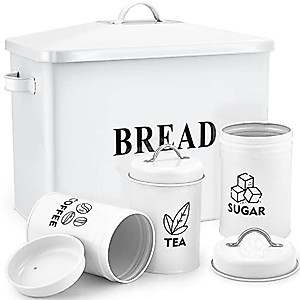 Bread Box with Canister Sets for Kitchen Countertop, E-far Metal White Storage Container Holder for Modern Farmhouse Decor, Vintage Style & Extra Large - Holds 2+ Loaves Sugar Coffee Tea