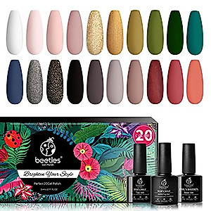 Beetles 20Pcs Gel Nail Polish Kit with Base Gel Top Coat- Lucky Tarot Collection White Black Nude Grey Glitters Gel Polish Golden Journey Nail Art Green Nails UV Manicure Gifts for Women