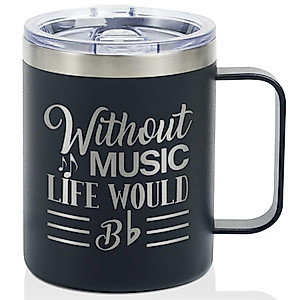 Onebttl Music Lover Gifts For Men, Male, Him - Without Music Life Would B Flat - 12 oz /350 ml Insulated Mugs with Lid - Musician Gifts, Musical Lovers Gift - (Black)