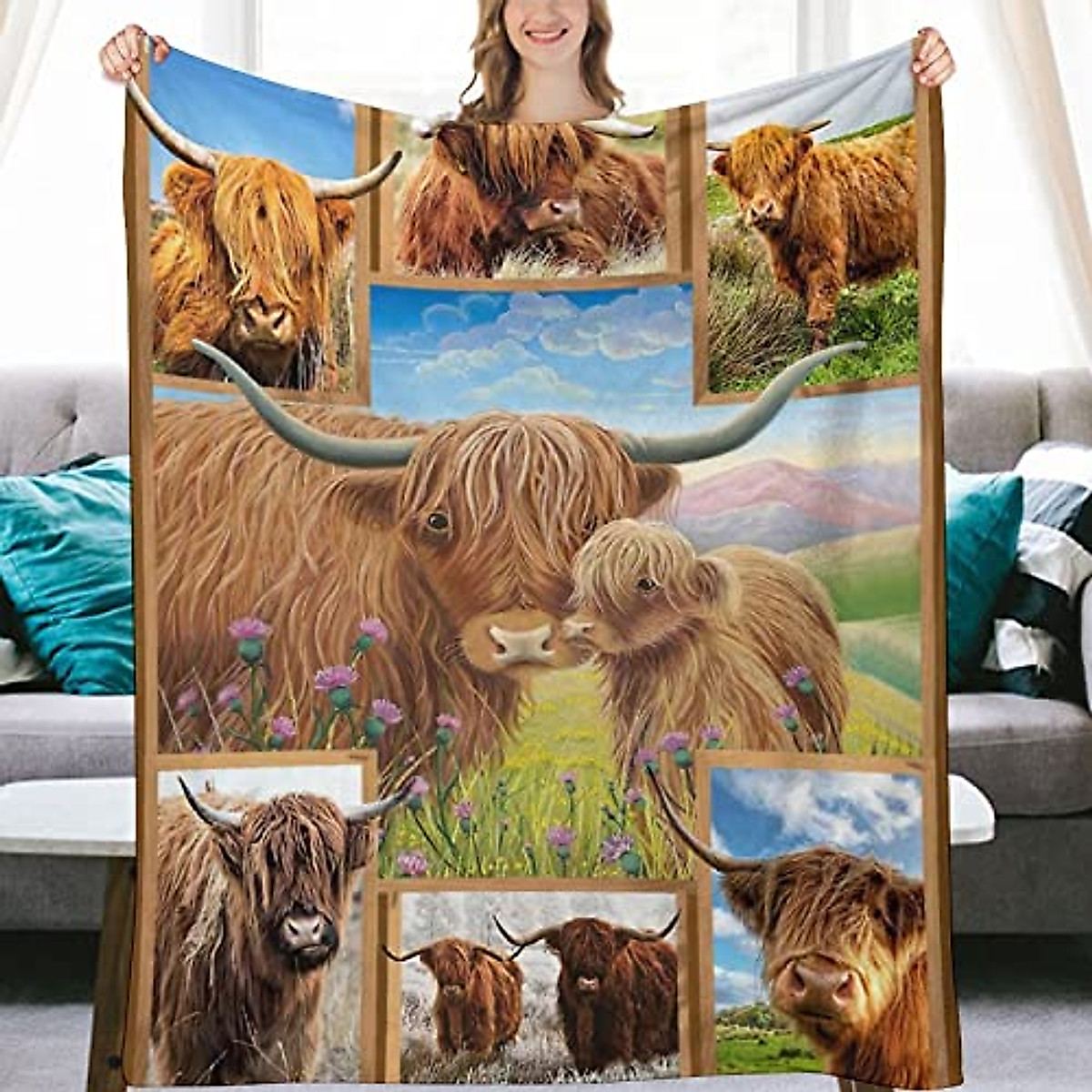 Highland Cow Blanket Farm Cow Decor Animal Throw Blanket Highland Cow Gifts for Women Super Warm Soft Plush Lightweight Fleece Flannel Blanket Winter Couch Sofa Bedding Blanket for Kids Adults 40"x50"