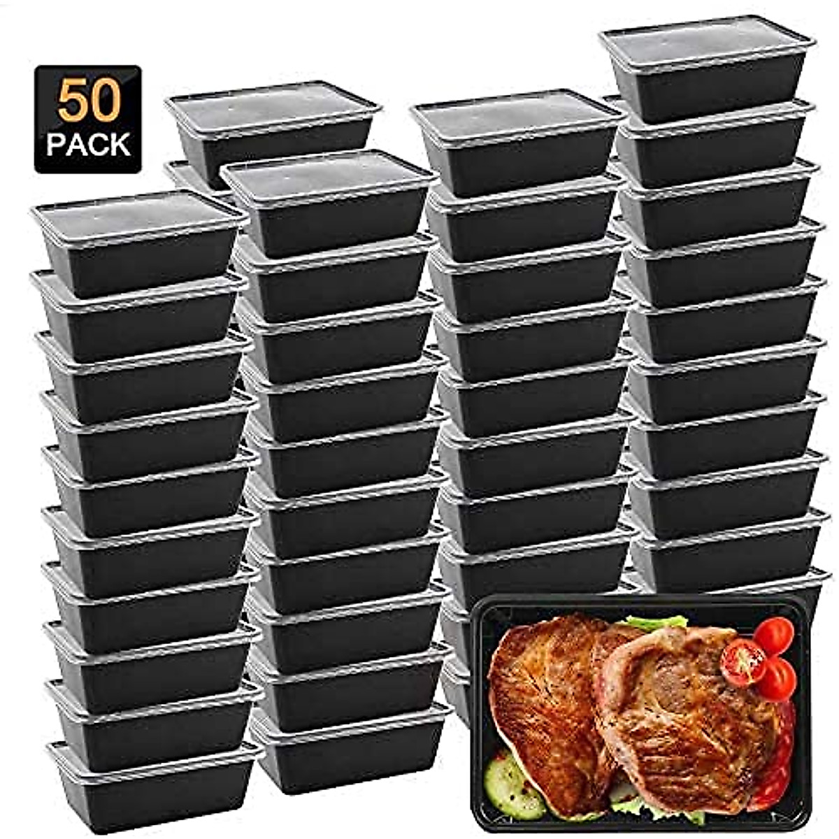 Oranlife Food Containers, 50 Pack Disposable Meal Storage Lunch Containers Plastic Insulated Reusable&Microwavable Bento Boxes with Lids for Dishwasher/Freezer Safe BPA FREE (750 ML/ 26 OZ)