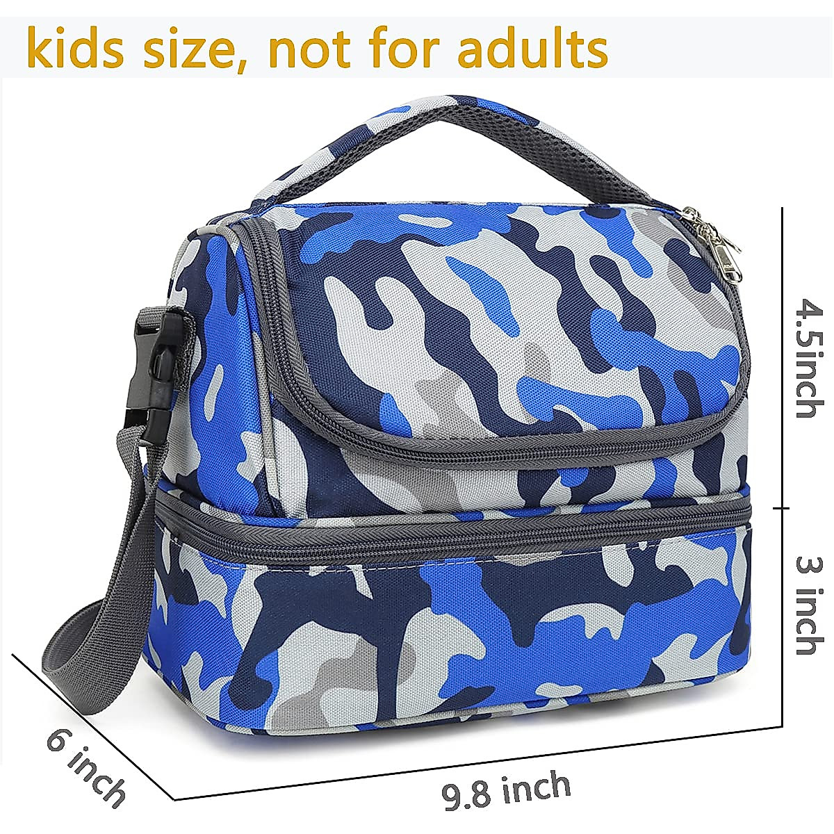 FlowFly Kids Double Decker Cooler Insulated Lunch Bag Large Tote for Boys, Girls, Men, Women, With Adjustable Strap, Blue Camo