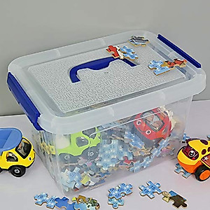 Hespama 6 Quart Storage Bin, Plastic Latching Box/Container with Clear Lid, Dark Blue Handle and Latches, 4 Packs