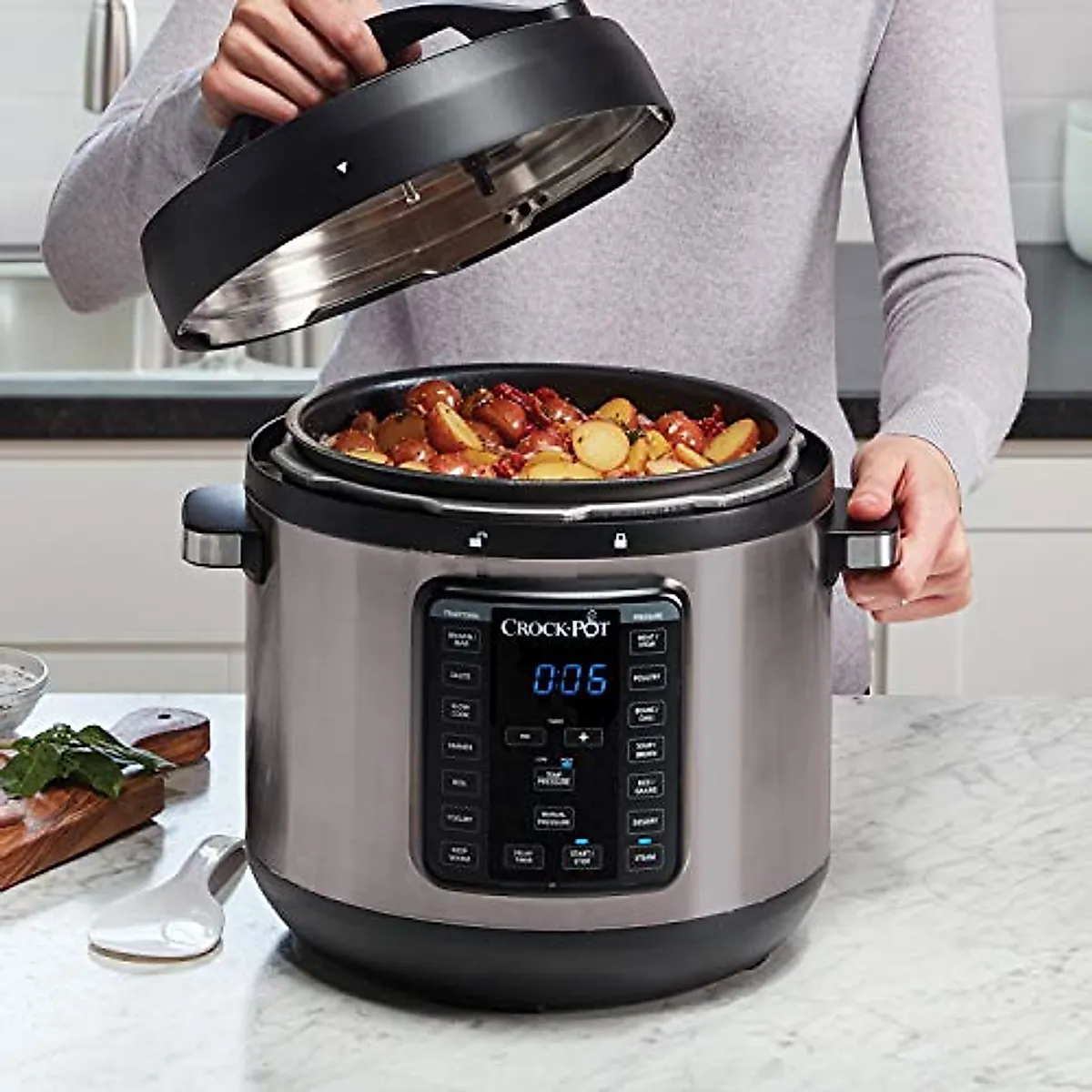 Crock-Pot 8-Quart Multi-Use XL Express Crock Programmable Slow Cooker and Pressure Cooker with Manual Pressure, Boil & Simmer, Black Stainless