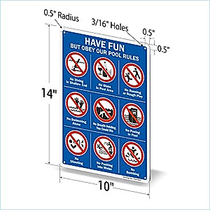 SmartSign 14 x 10 inch “Have Fun But Obey Our Pool Rules” Swimming Pool Metal Sign with Symbols, Screen Printed, 40 mil Laminated Rustproof Aluminum, Multicolor
