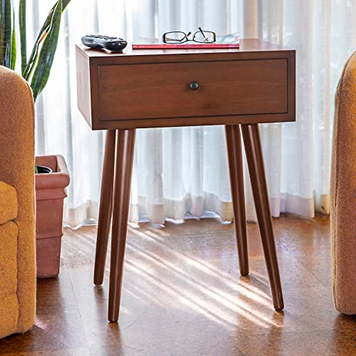 Decor Therapy Mid Century 1-Drawer Wood Side Table, Light Walnut