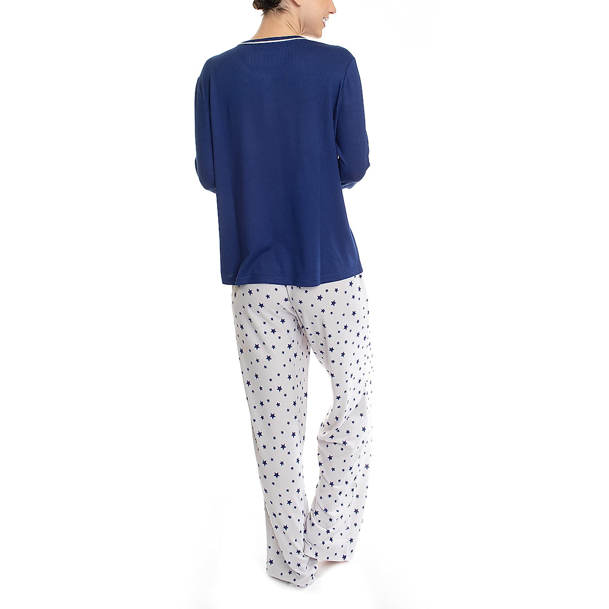 Hanes Women's Dreamscape Longsleeve Top and Pajama Bottom Butter Knit Sleep and Lounge Set, Blue/Star, Small