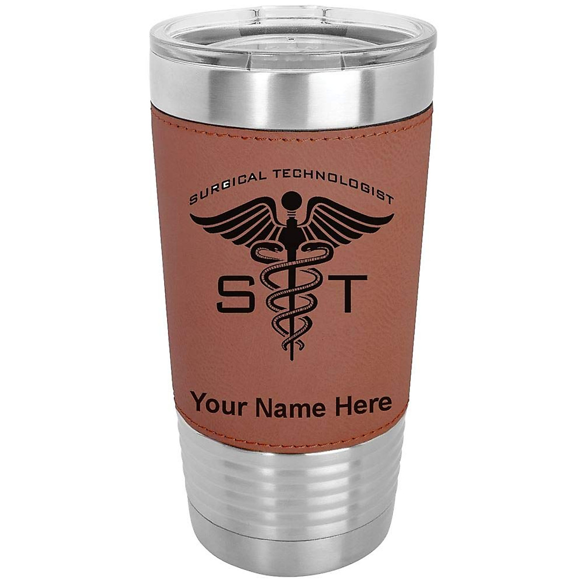 LaserGram 20oz Vacuum Insulated Tumbler Mug, ST Surgical Technologist, Personalized Engraving Included (Faux Leather, Dark Brown)