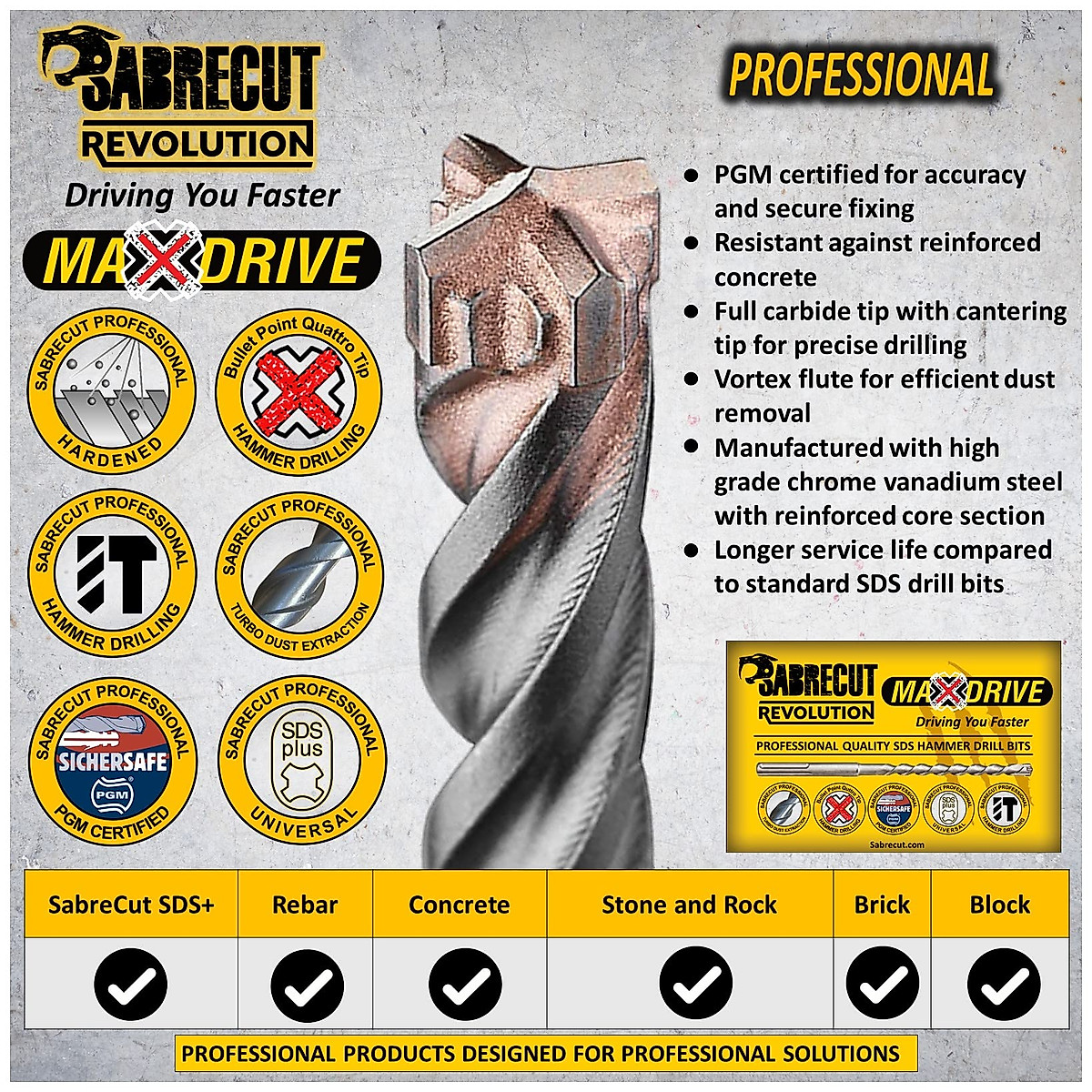 5 x SabreCut QSCK5B 7/32" 15/64" 1/4" 5/16" 25/64" x 6 19/64" Length Quattro PGM Approved Full Carbide 4 Cutter Tip Vortex Flute SDS Plus Drill Bit Mix Kit For Stone Concrete Brick Block