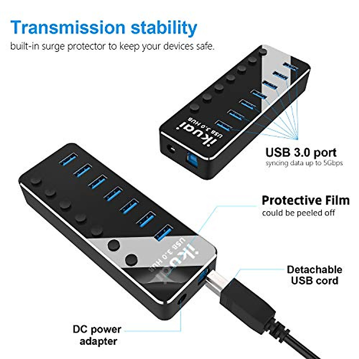 Powered USB 3.0 Hub, ikuai 7-Port Multiple USB Port Splitter, USB 3 Powered Hub with Individual LED On/Off Switches and Power Supply, Multiple USB Hub 3.0 Powered for Mac, PC