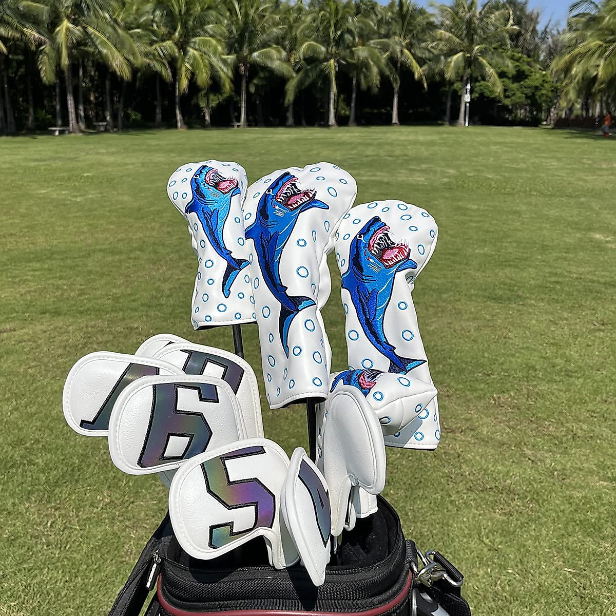 Big Shark Golf Driver Head Covers,1 Wood Driver Head Cover,Golf Wood Headcovers - White Synthetic Leather Durable Easy on Off Golf Club Protective fits for Taylormade Titleist Callaway