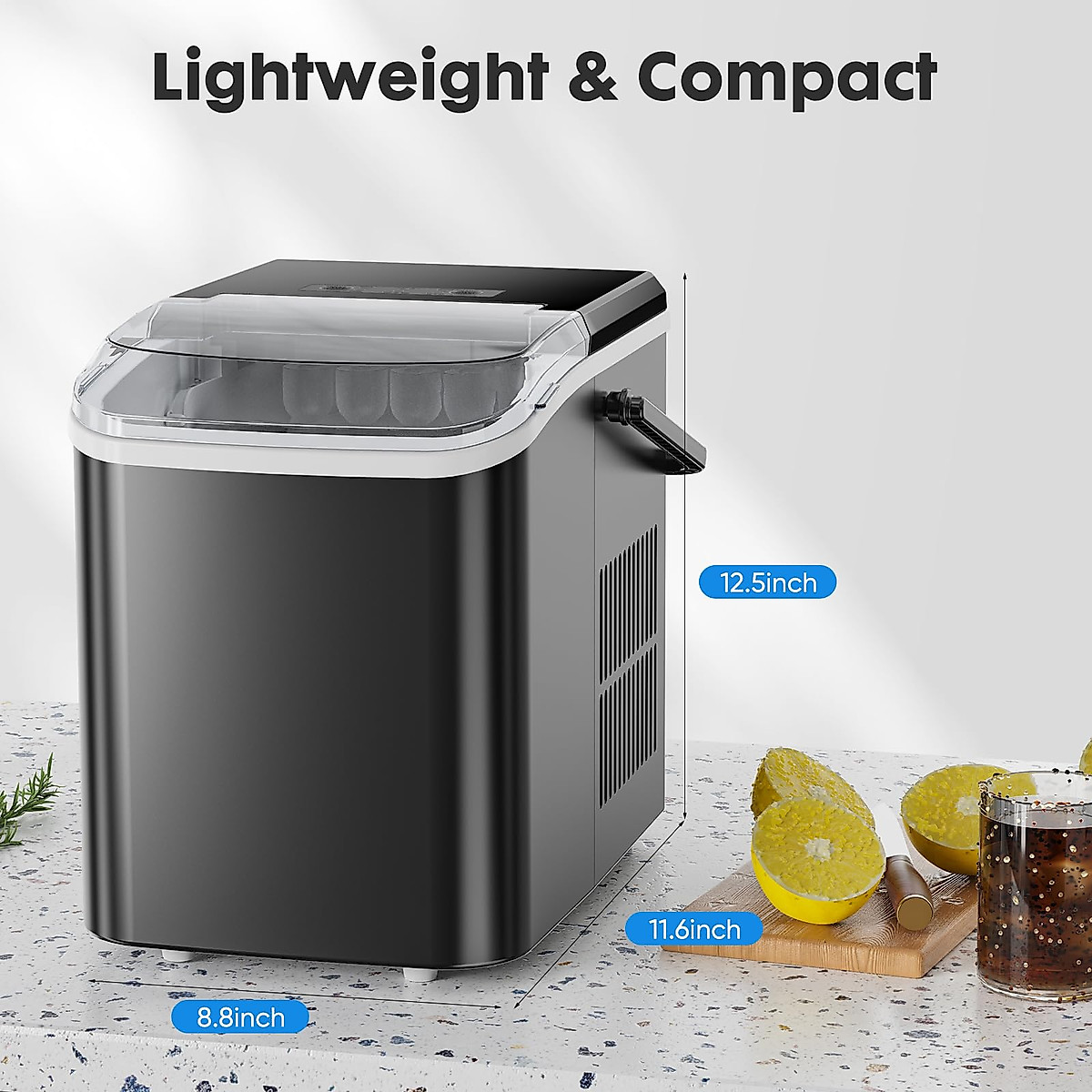 DUMOS Ice Maker Countertop Ice Machine Compact Size with Handle, 26lbs in 24Hrs, 9 Bullet Ice Cubes in 6 Mins, Self-Cleaning Function, Portable for Home, Kitchen, RV, Camping, Quiet Operation, Black