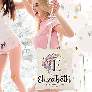 Personalized Floral Initial Tote Bags Gifts for Women - 9 Flower Designs Customizable w/Name Text Date - Custom Wedding Totes Bag Gift for Bridesmaid - Customized Monogrammed Shoulder Bag for Girls C1