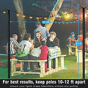 APEX LIFE String Light Poles for Outdoor Deck or Patio | 2 Pack 9FT | Black Powdered Steel Pole for Lights 5-Prong + Flat Base Options | Great for Wedding Garden Cafe Party Backyard