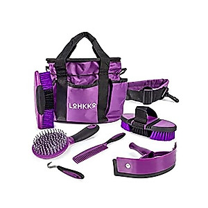 7-Piece Horse Grooming Kit with Organizer Tote Bag, Tack Room Supplies Set with Assorted Hair and Curry Brushes, Hoof Pick, and Sweat Scraper, Great Groomer Gift, Horse Riders, Beginner, Advanced, Purple OR Blue Avail