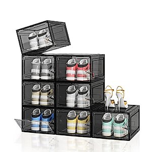 Upgraded Thickened Sturdy Large Shoe Boxes Clear Plastic Stackable 8 Pack Shoe Storage Organizer for Closet/Entryway, Drop front Shoe Box with Magnetic Door, Shoe Display Case, Fit up to US size 14